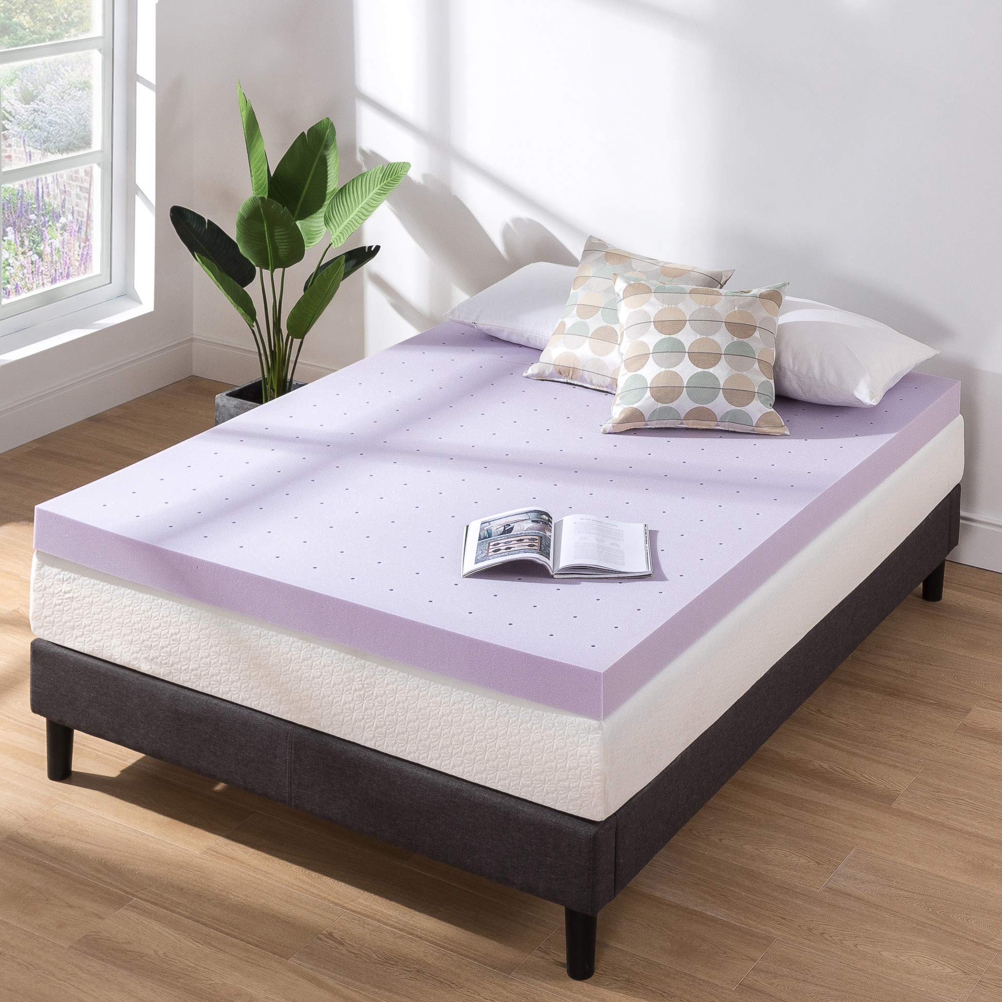 Mellow 4 Inch Ventilated Memory Foam Mattress Topper, Soothing Lavender Infusion, CertiPUR-US Certified, Short Queen
