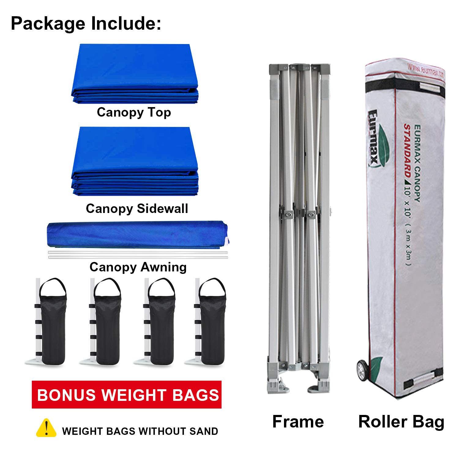 Eurmax USA 10 x 10 Pop up Canopy Pergolas Tent Outdoor Party Canopies with 4 Removable Zippered Sidewalls and Roller Bag Bonus 4 Canopy Sand Bags & 24 Squre Ft Extended Awning(Blue)