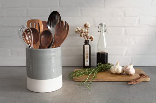 Utensil holder – crock - caddy - Extra Large ceramic organizer for kitchen countertop - modern or rustic farmhouse decor - gray & natural white - jar holds all spatulas, spoons & tools