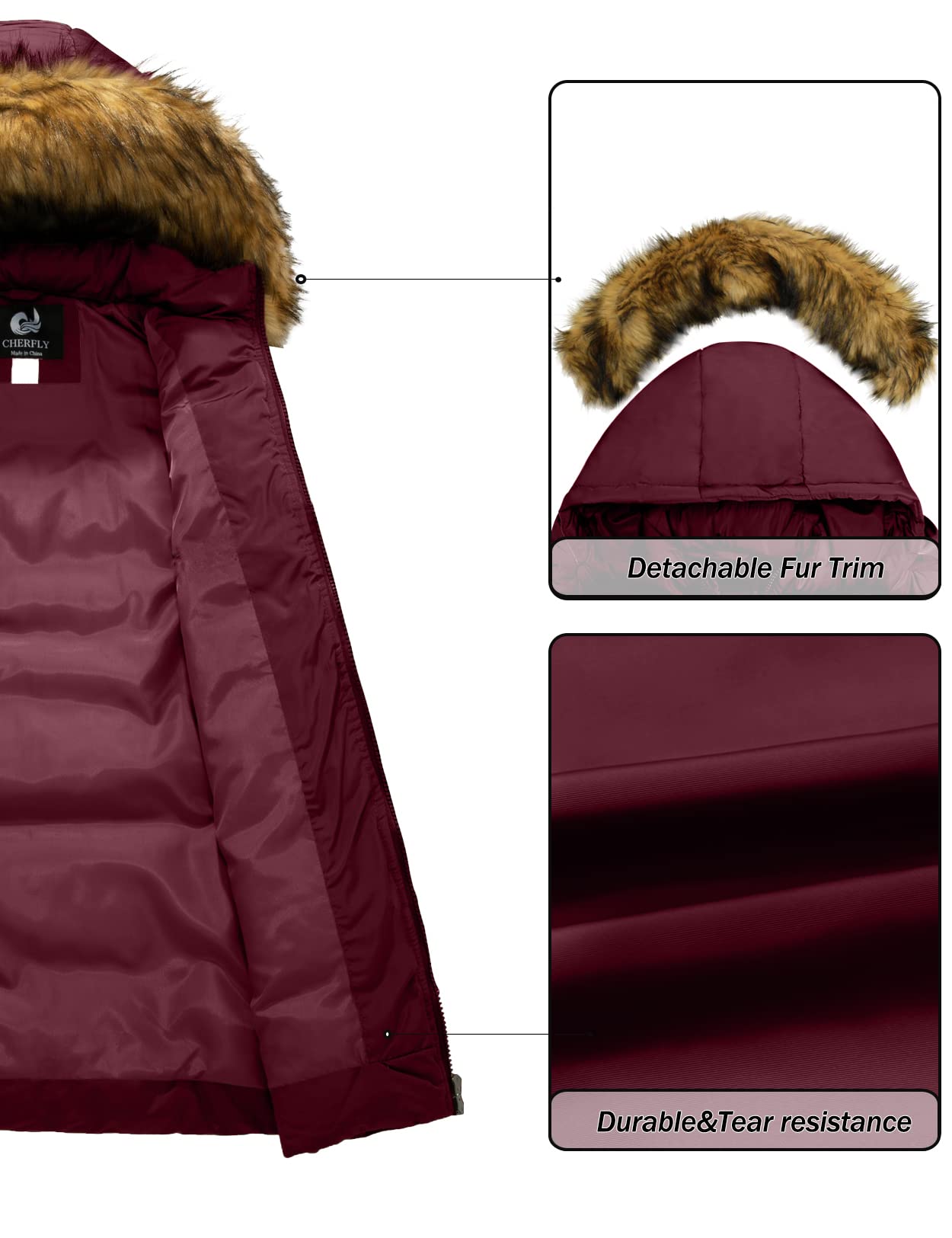 CHERFLY Women's Winter Puffer Coat Heavy Warm Long Parka Down Jacket with Fur Hood,Wine Red,Large