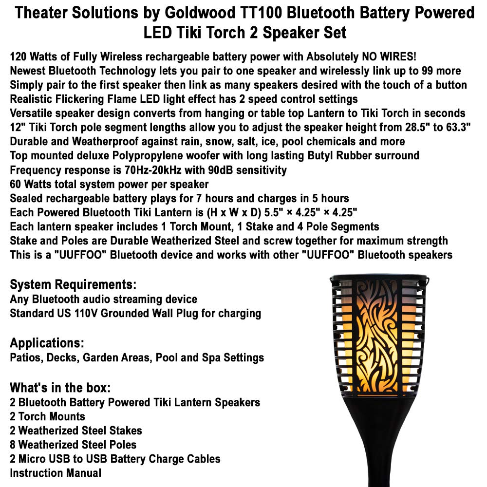 Theater Solutions TT100 Fully Wireless 120 Watt Rechargeable Battery Bluetooth Tiki Torch Speaker 2 Pack Lanterns Link Up to 99 Speakers Wirelessly, Black