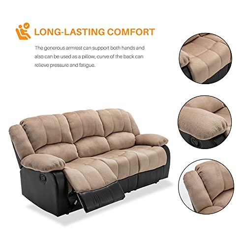 Nathaniel Home Manual Double Reclining Sofa PU Leather Upholstered 3-Seat Couch for Living Room Home Theater, Beige