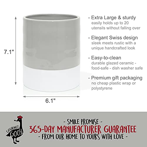 Utensil holder – crock - caddy - Extra Large ceramic organizer for kitchen countertop - modern or rustic farmhouse decor - gray & natural white - jar holds all spatulas, spoons & tools