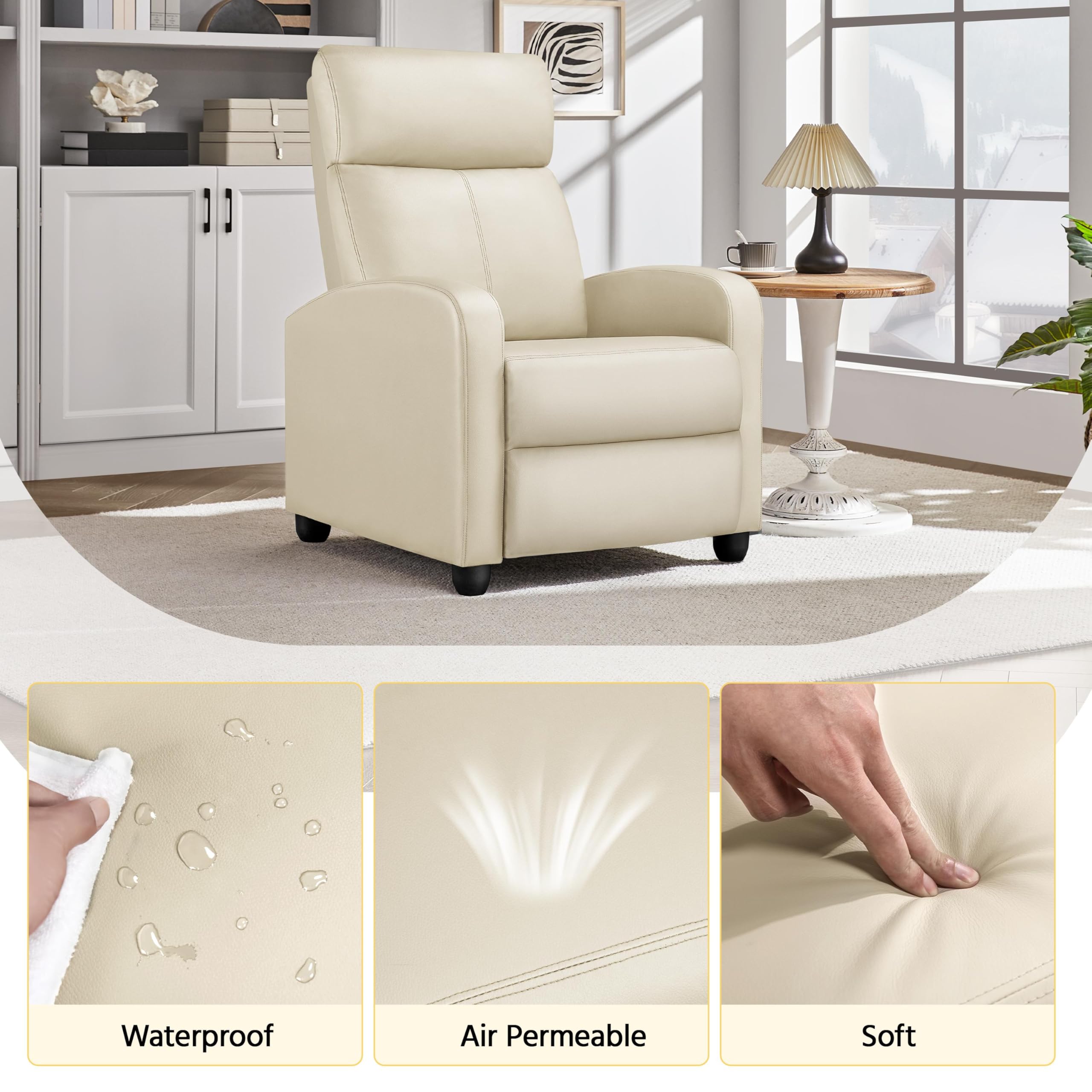 Yaheetech Recliner Chair PU Leather Recliner Sofa Home Theater Seating Adjustable Modern Single Reclining Chair Sofa with Pocket Spring Living Room Bedroom Beige