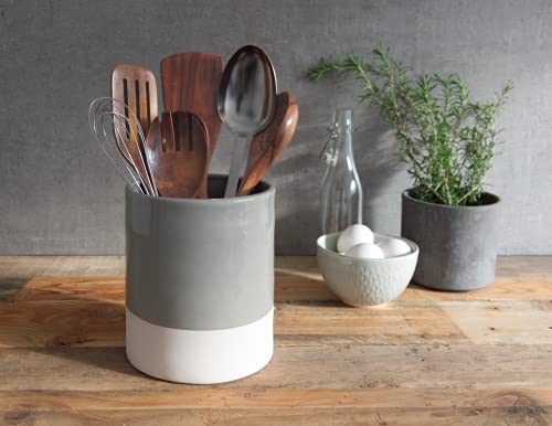 Utensil holder – crock - caddy - Extra Large ceramic organizer for kitchen countertop - modern or rustic farmhouse decor - gray & natural white - jar holds all spatulas, spoons & tools