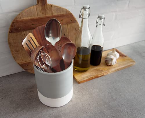 Utensil holder – crock - caddy - Extra Large ceramic organizer for kitchen countertop - modern or rustic farmhouse decor - gray & natural white - jar holds all spatulas, spoons & tools