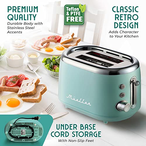 Mueller Retro Toaster 2 Slice with 7 Browning Levels and 3 Functions: Reheat, Defrost & Cancel, Stainless Steel Features, Removable Crumb Tray, Under Base Cord Storage, Turquoise
