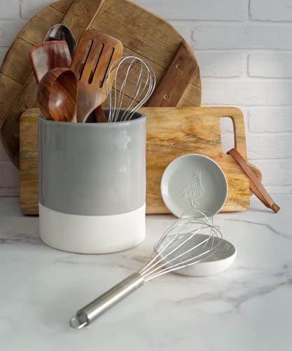 Utensil holder – crock - caddy - Extra Large ceramic organizer for kitchen countertop - modern or rustic farmhouse decor - gray & natural white - jar holds all spatulas, spoons & tools