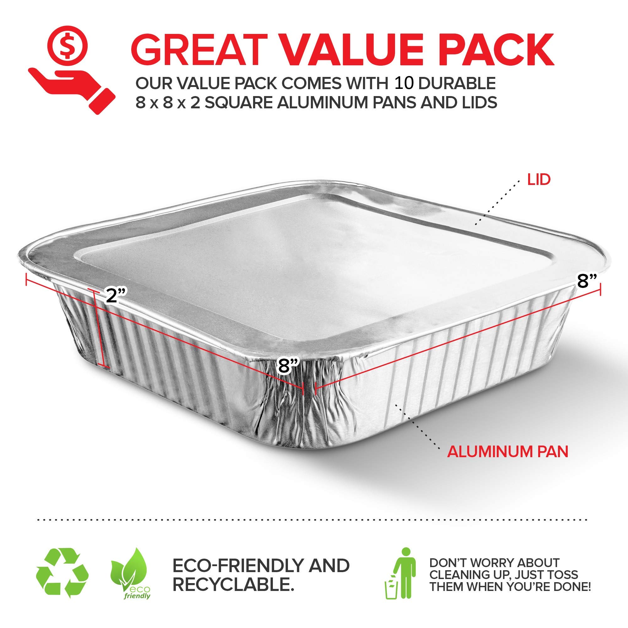 8x8 Foil Pans with Lids (10 Pack) 8 Inch Square Aluminum Pans with Covers - Foil Pans and Foil Lids - Disposable Food Containers Great for Baking Cake, Cooking, Heating, Storing, Prepping Food