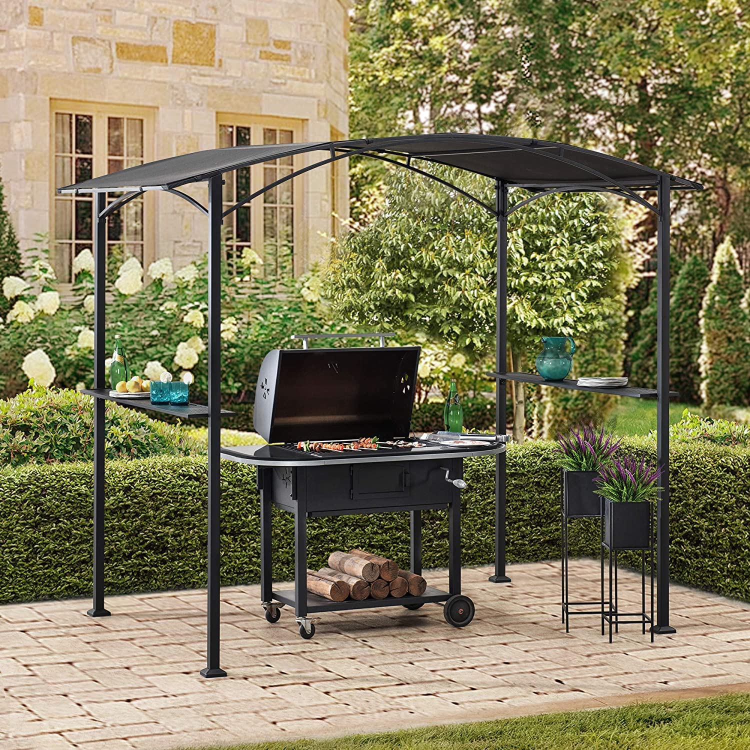 Sunjoy Grill Gazebo 5 ft. x 8 ft. Black Steel Frame Soft Top Gazebo with Arch Canopy with Shelves for Outdoor, Patio, Garden, Backyard Activities