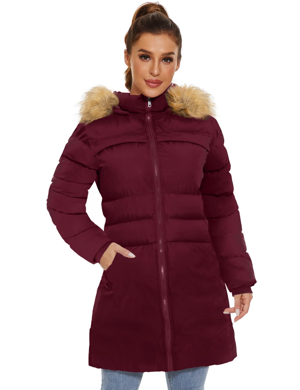 CHERFLY Women's Winter Puffer Coat Heavy Warm Long Parka Down Jacket with Fur Hood,Wine Red,Large