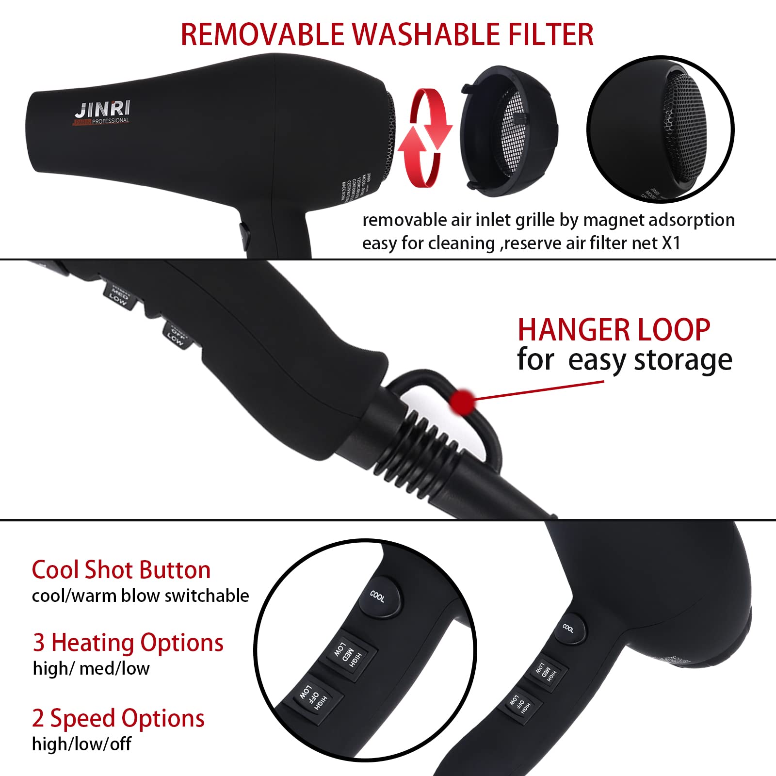 Professional Salon Grade Hair Dryer 1875W, Powerful Fast Drying Pro Negative Ionic & Infrared Blow Dryer, Low Noise Blow Dryer with Diffuser, Concentrator, Comb, 2 Speed & 3 Heat Settings
