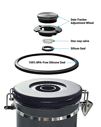 ALPACA VENTURES Stainless Steel Coffee Canister - 21oz Airtight Kitchen Food Storage Container with Date Tracker, CO2-Release Valve and Measuring Scoop For Ground Coffee, Beans, Tea, Sugar, Large (Gray)