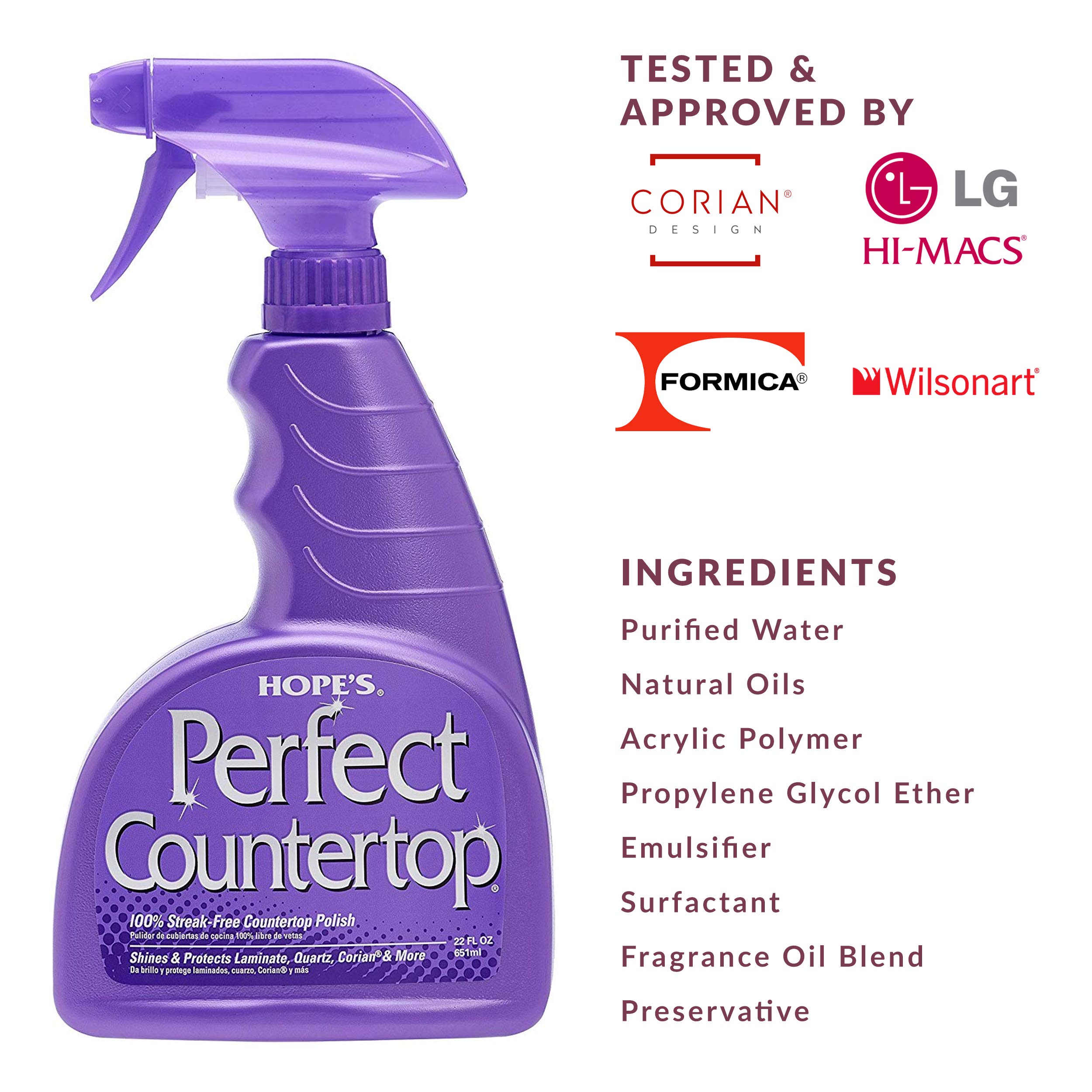 HOPE'S Perfect Countertop Cleaner and Polish 22-Ounce, Streak-Free Multi-Surface Cleaning Spray, Safe on Stone, Laminate, CORIAN, Granite, Quartz, Marble, Pack of 2