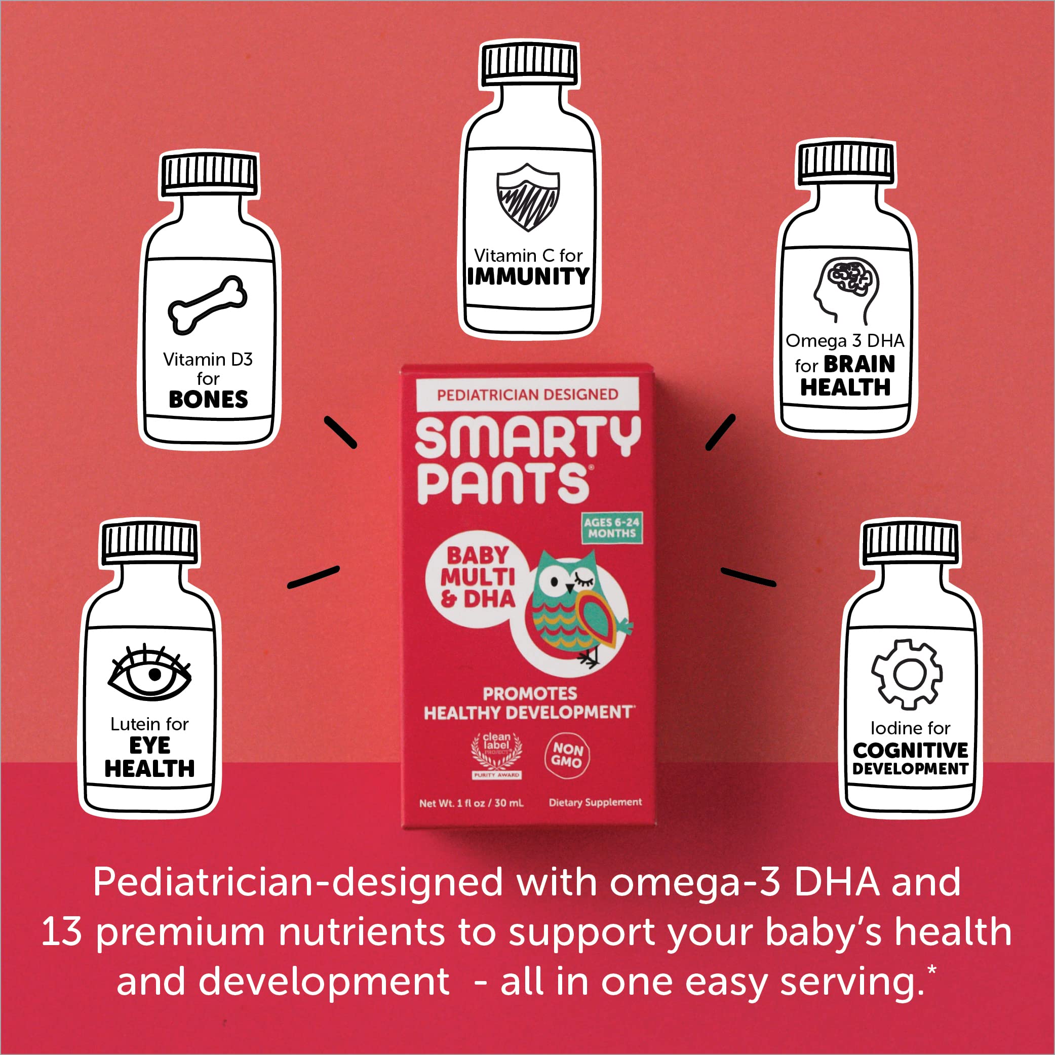 SmartyPants Baby Multi&DHA Supplement:Liquid Multivitamin with Vitamin D3, C,Vitamin B6,Biotin,Choline & Lutein, for Infants 6-24 Months,Gluten Free,Natural Fruit Flavor,30 Servings(Package May Vary)