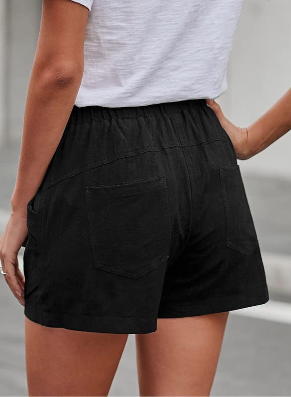 Dokotoo Womens Ladies Beach Casual Solid Drawstring Elastic Waist Loose Comfy Cotton Linen Shorts with Pocket Linen Shorts Pants Black X-Large