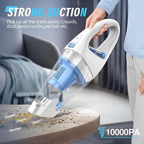 Handheld Vacuum Cordless, Powerful Suction Car Hand Held Vacuum Cleaner with Large-Capacity Battery, Hand Vacuum Cordless Rechargeable for Pet Hair Keyboard Dust Office and Home Cleaning-Blue