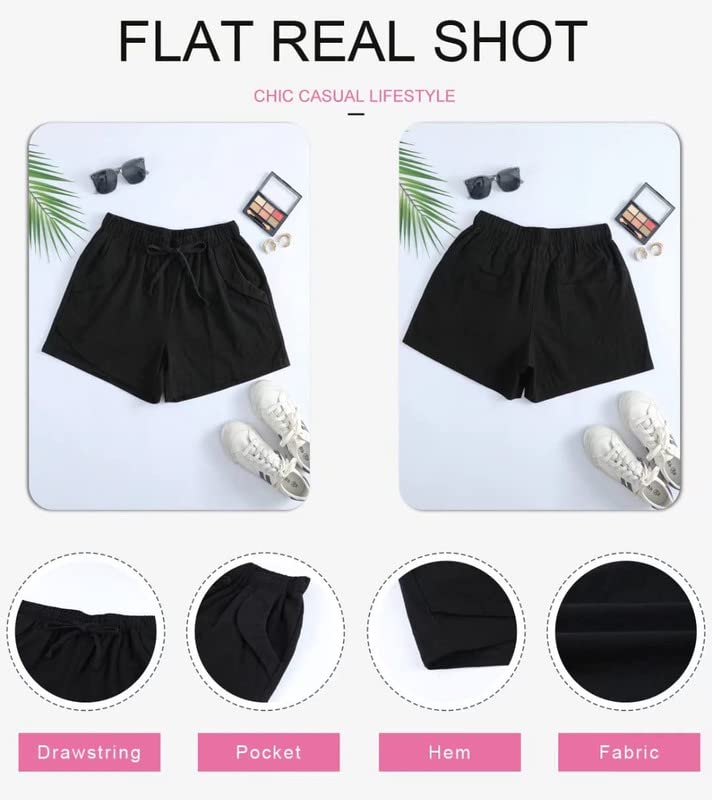 Dokotoo Womens Ladies Beach Casual Solid Drawstring Elastic Waist Loose Comfy Cotton Linen Shorts with Pocket Linen Shorts Pants Black X-Large