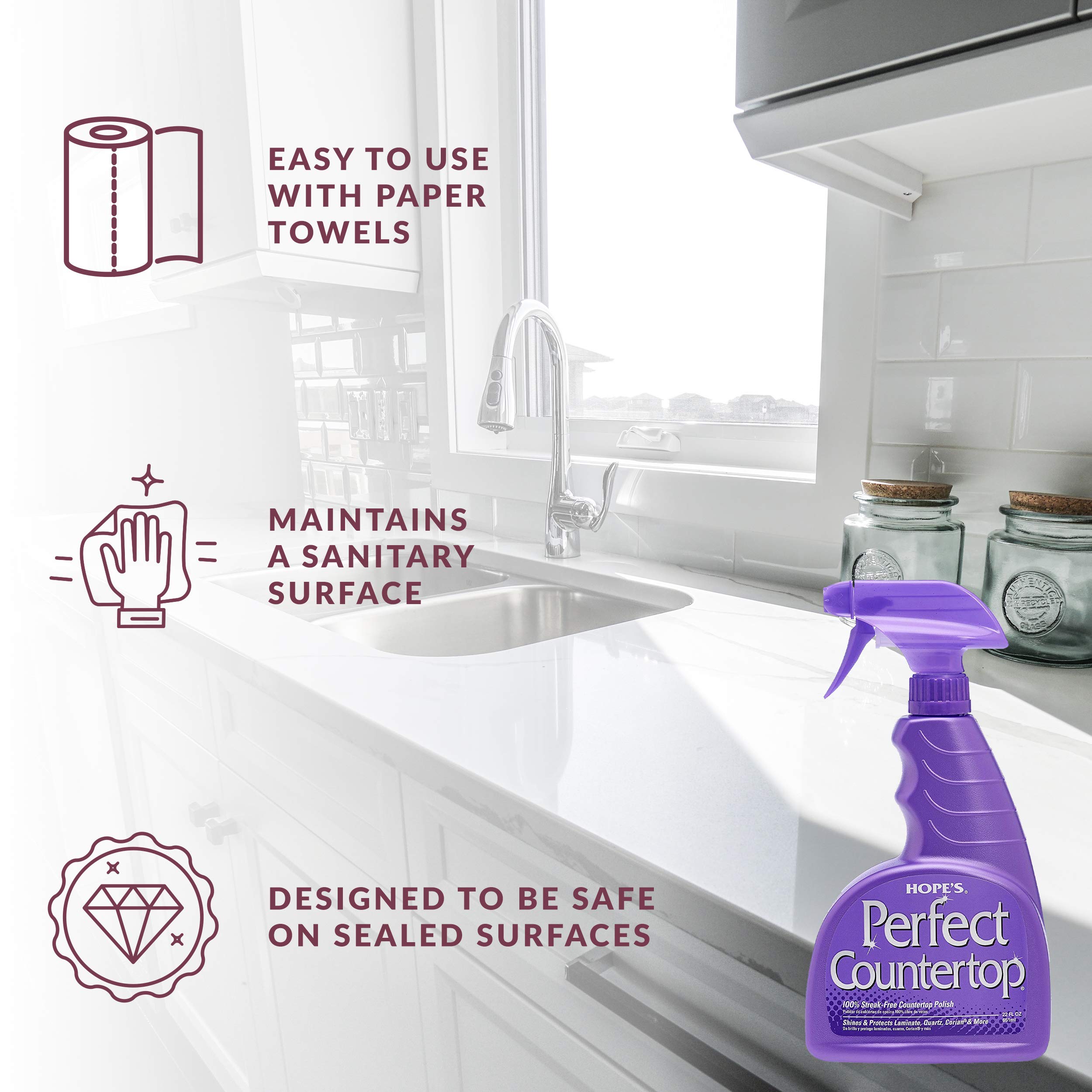 HOPE'S Perfect Countertop Cleaner and Polish 22-Ounce, Streak-Free Multi-Surface Cleaning Spray, Safe on Stone, Laminate, CORIAN, Granite, Quartz, Marble, Pack of 2