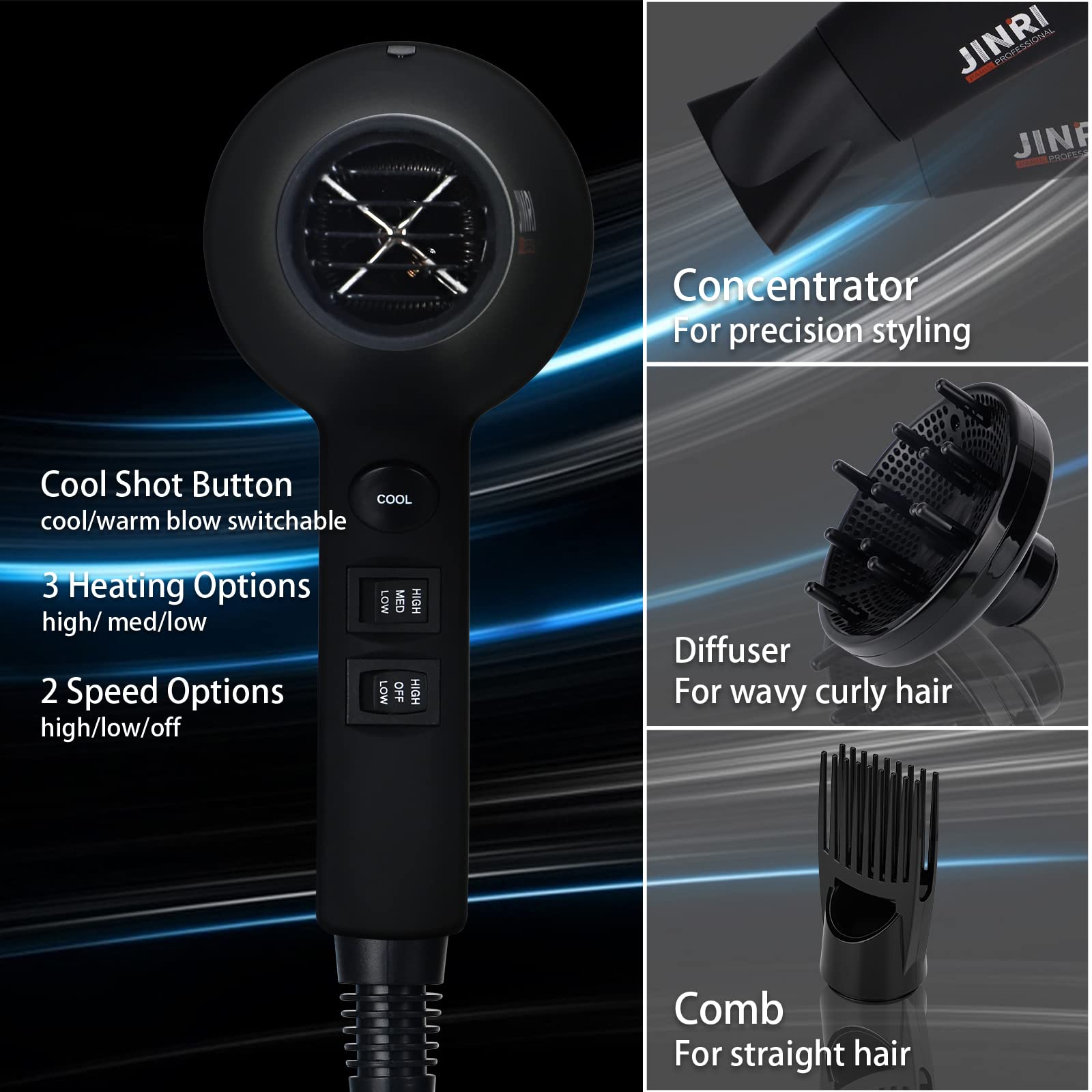 Professional Salon Grade Hair Dryer 1875W, Powerful Fast Drying Pro Negative Ionic & Infrared Blow Dryer, Low Noise Blow Dryer with Diffuser, Concentrator, Comb, 2 Speed & 3 Heat Settings