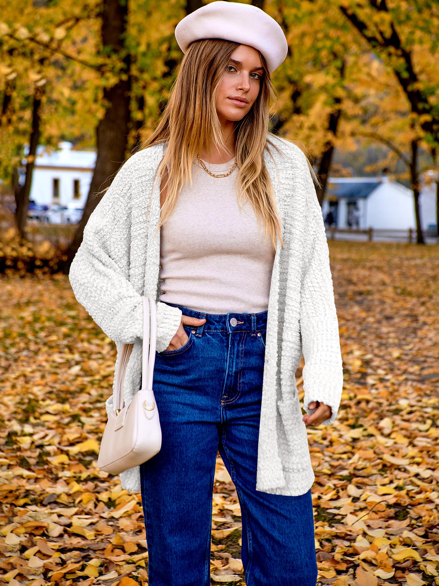ANRABESS Women Open Front Fuzzy Batwing Sleeve Lightweight Oversized Loose Cozy Knit Cardigan Sweaters 2024 Fall Outfits White X-Large