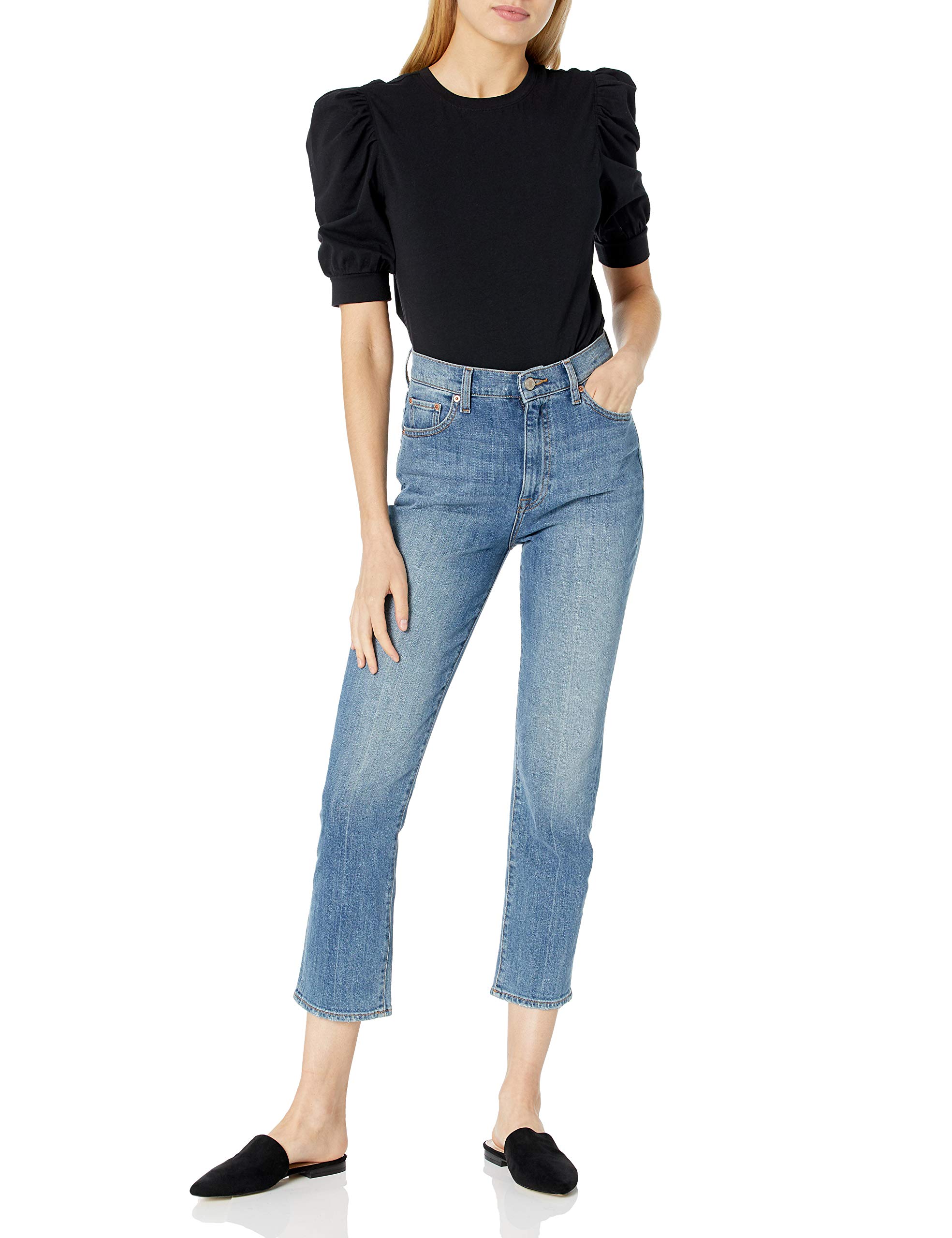 The Drop Women's Mariko Puff Sleeve Crew Neck T-Shirt, Black, 2X Plus Size