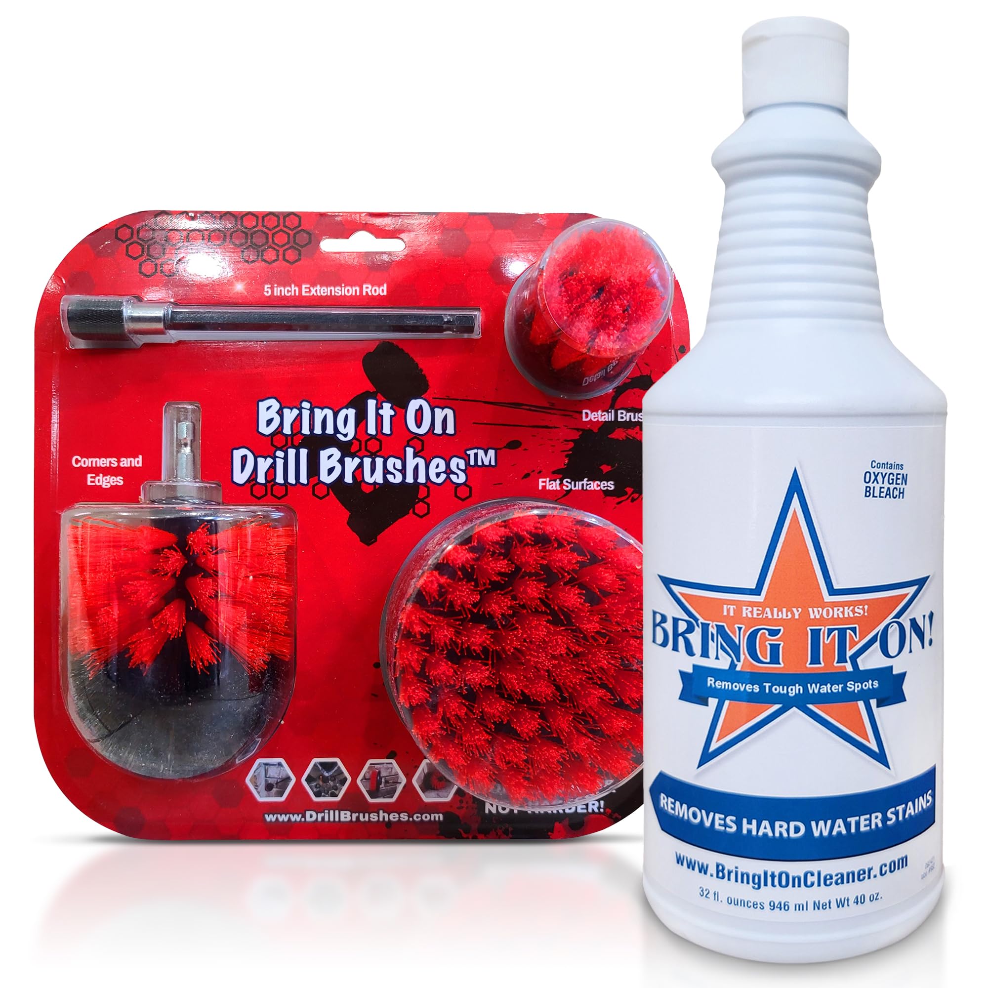 Bring It On Cleaner Drill Brush Attachment Set - Power Scrubber Brush Cleaning Kit & 5 Inch Extension, 3 Brushes Use On Grout, Cars, Bathroom Surfaces, Tile, Baseboard, Shower & Tubs