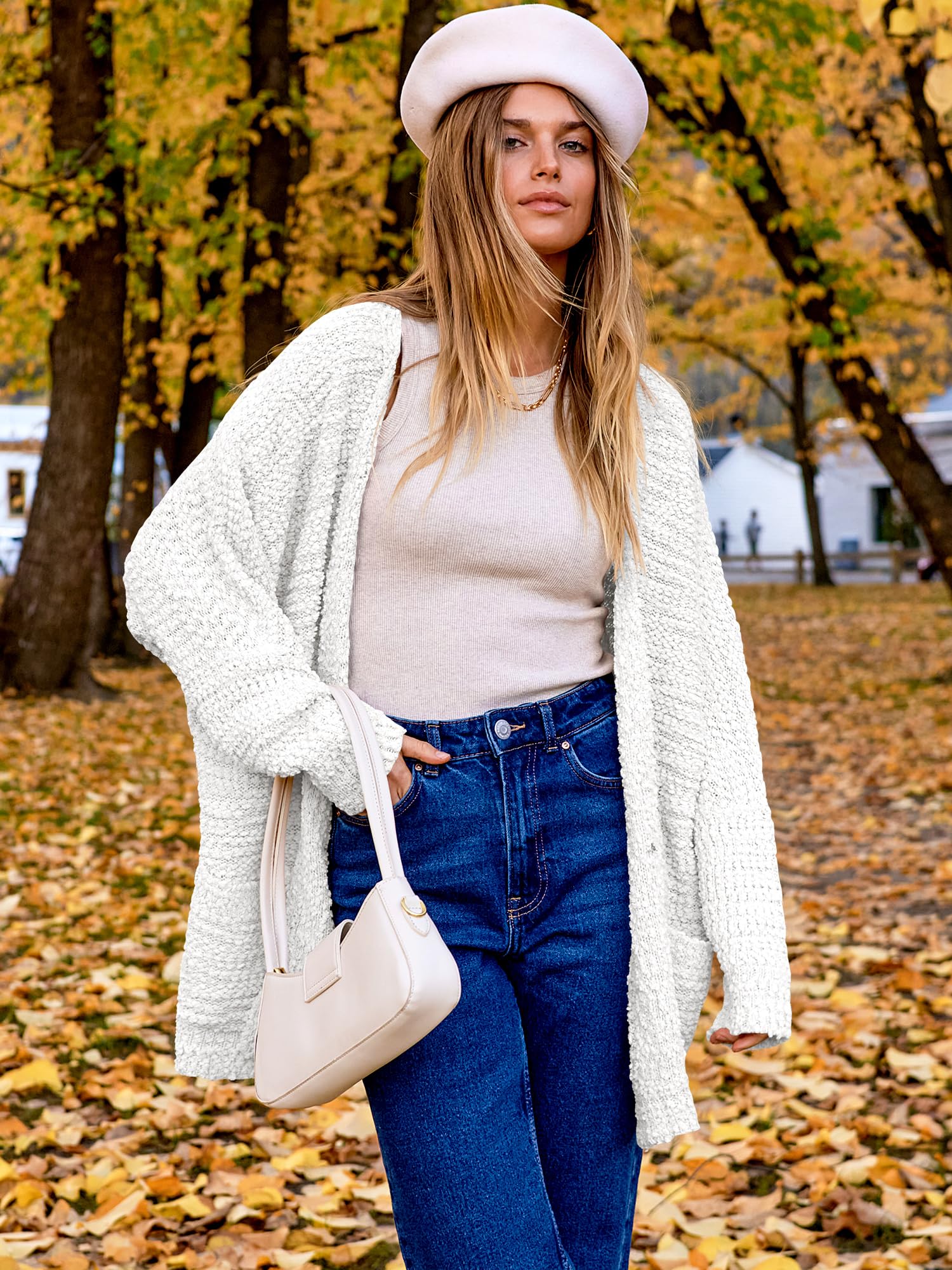 ANRABESS Women Open Front Fuzzy Batwing Sleeve Lightweight Oversized Loose Cozy Knit Cardigan Sweaters 2024 Fall Outfits White X-Large