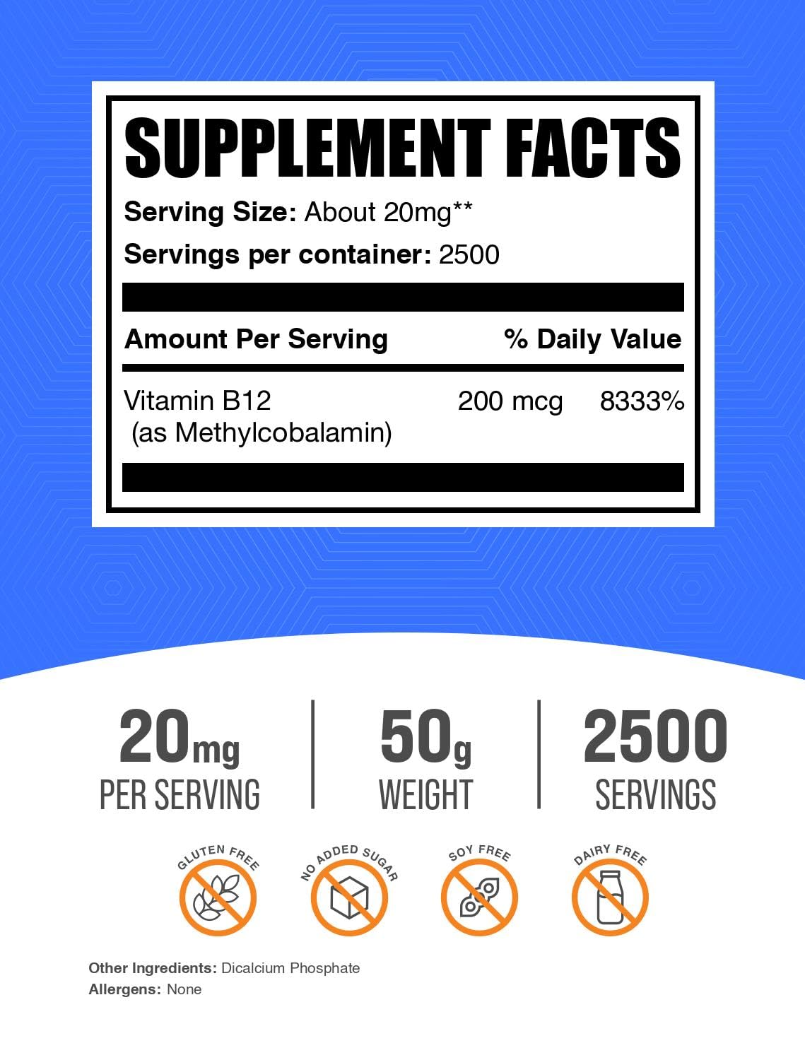 BulkSupplements.com Vitamin B12 Methylcobalamin Powder - 1% B12 Methylcobalamin, Essential B Vitamin - B12 Supplement, Gluten Free, 20mg per Serving, 50g (1.8 oz) (Pack of 1)