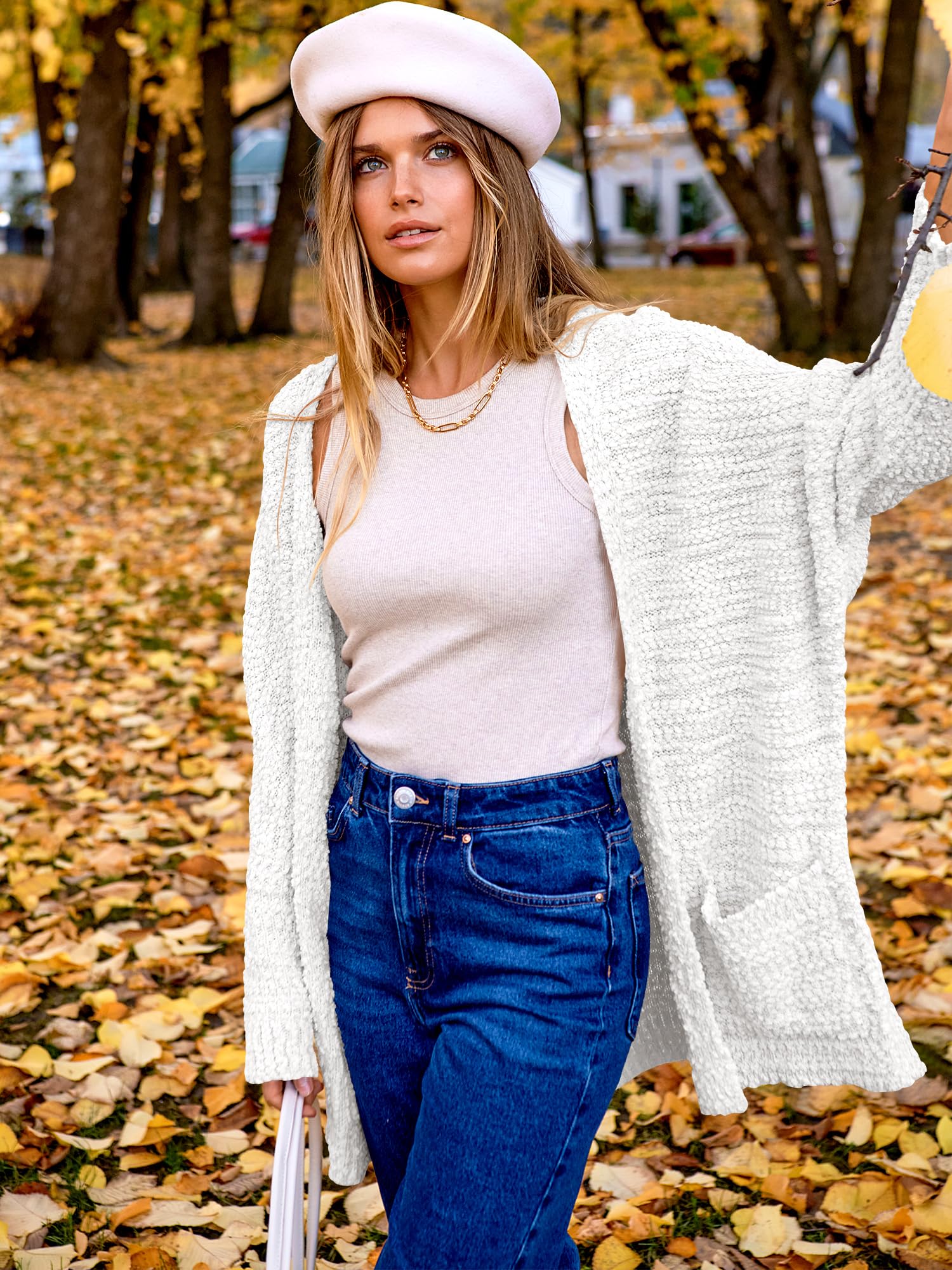 ANRABESS Women Open Front Fuzzy Batwing Sleeve Lightweight Oversized Loose Cozy Knit Cardigan Sweaters 2024 Fall Outfits White X-Large