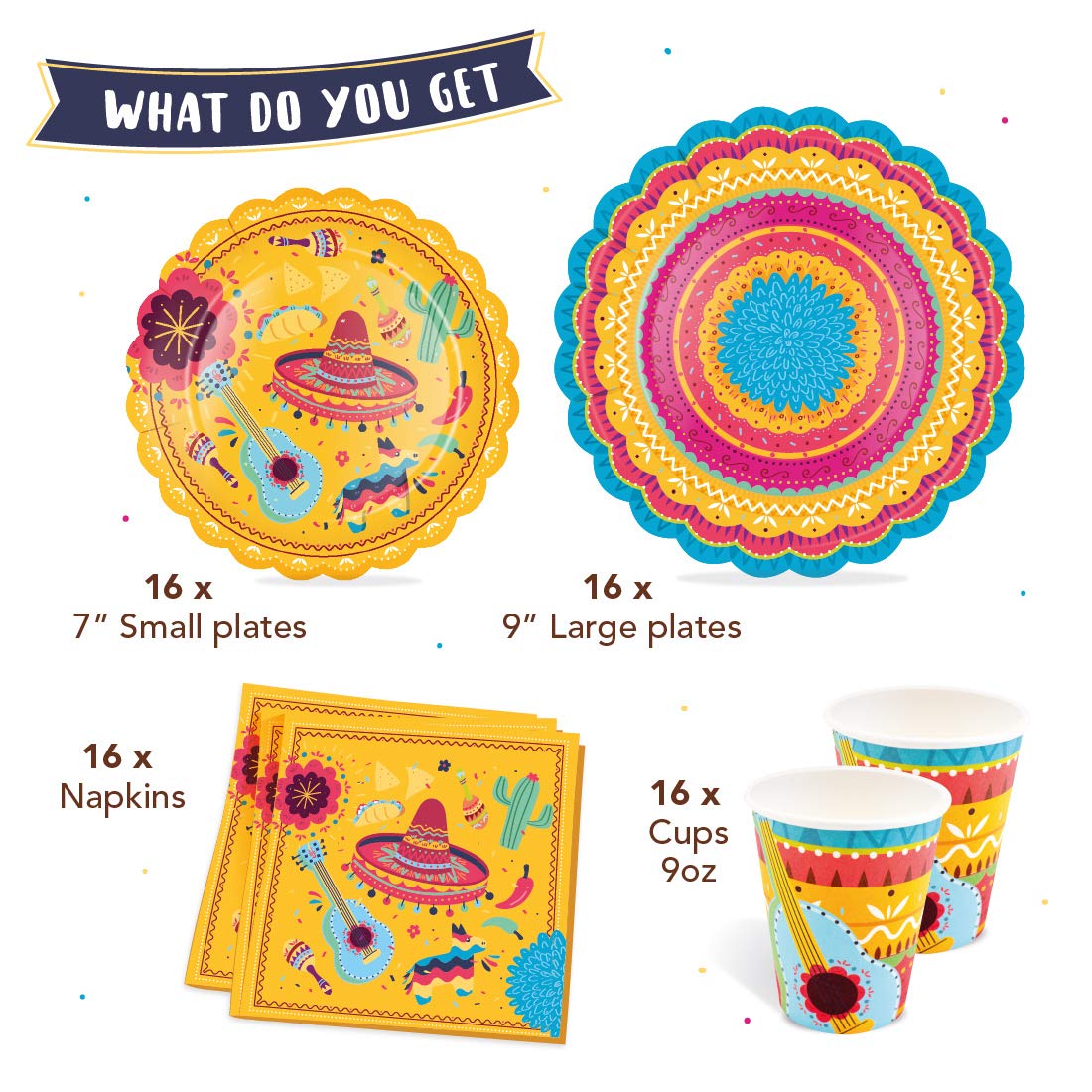 Mexican Fiesta Paper Plates Serves 16 Guests - Includes 16 Large Dinner Plates, 16 Dessert Plates, 16 Cups, and 16 Napkins | Perfect for Birthday, Taco Party, Cinco de Mayo and More