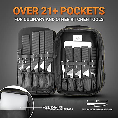 Chef Knife Bag | Traveller Chef Backpack | Water-Resistant Material | 21+ Pockets for Knives & Kitchen Utensils | Dedicated Pocket for Laptop & Notebook | Culinary Gifts for Chefs & Students (Black)