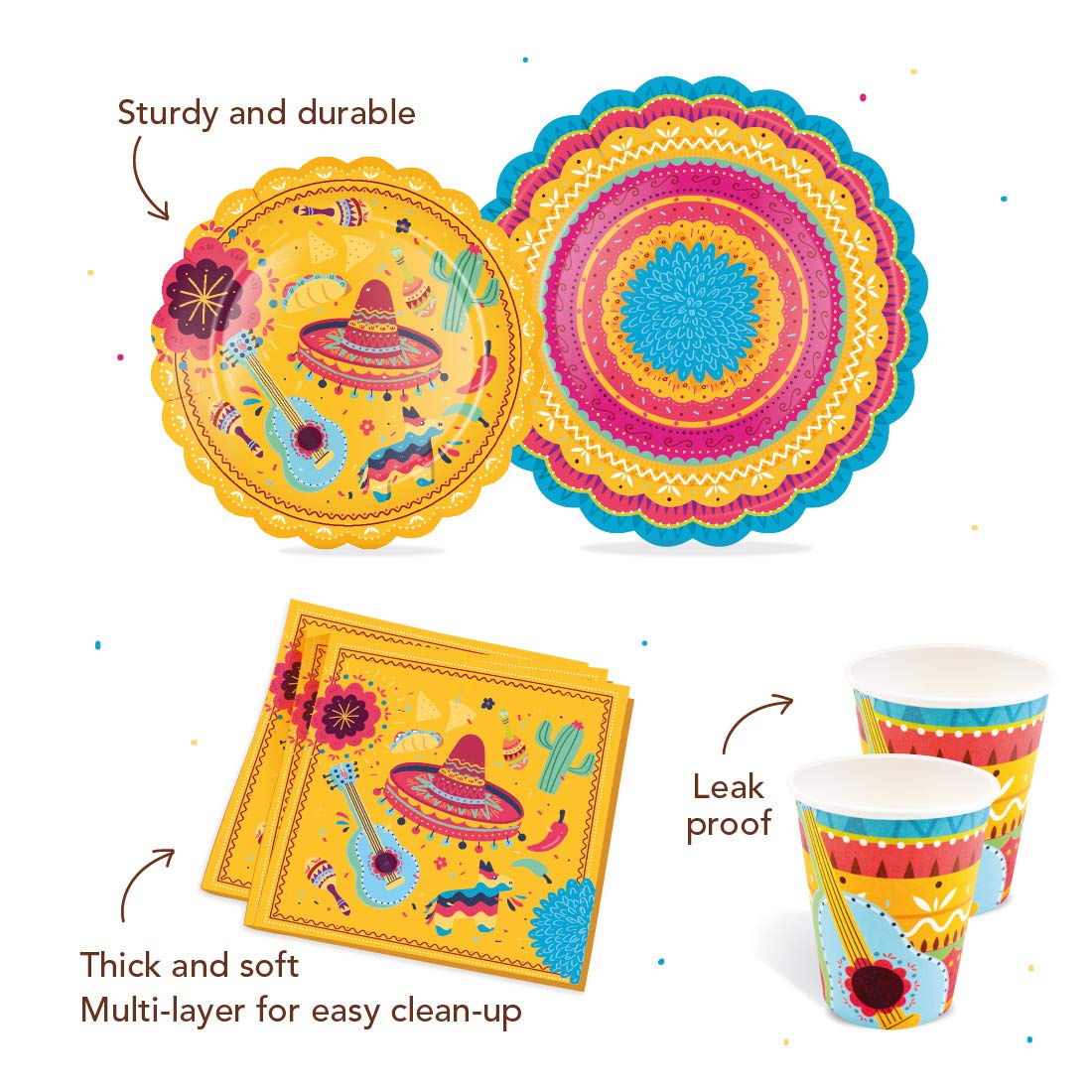 Mexican Fiesta Paper Plates Serves 16 Guests - Includes 16 Large Dinner Plates, 16 Dessert Plates, 16 Cups, and 16 Napkins | Perfect for Birthday, Taco Party, Cinco de Mayo and More