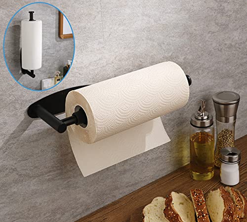 Paper Towel Holder Under Cabinet Wall Mount Paper Towel Holders with Damping Black Stainless Steel Kitchen Under Counter Hanging Paper Towels Rack with Self-Adhesive and Screws