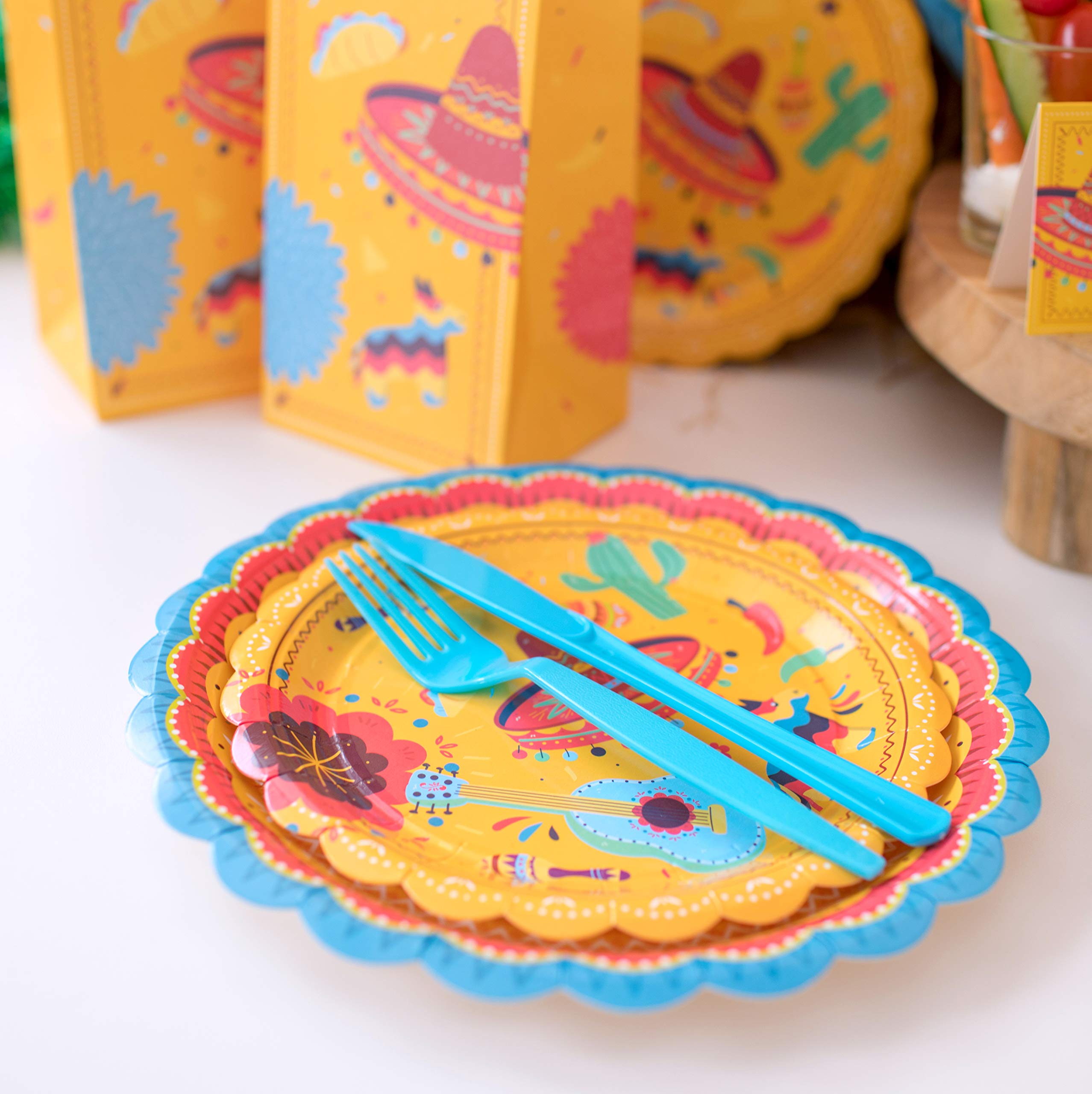 Mexican Fiesta Paper Plates Serves 16 Guests - Includes 16 Large Dinner Plates, 16 Dessert Plates, 16 Cups, and 16 Napkins | Perfect for Birthday, Taco Party, Cinco de Mayo and More
