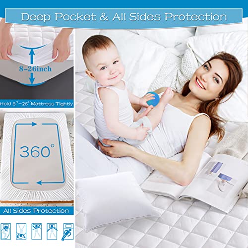 Queen Size Quilted Fitted Mattress Pad, 100% Waterproof Breathable Mattress Protector, Noiseless Hollow Cotton Mattress Topper, Fitted 8"-26" Deep, Dust Proof
