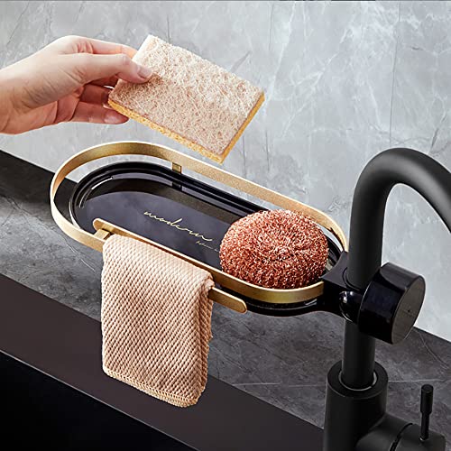 HPDEAR Faucet Sponge Holder with Towel Bar, Holder Sink Caddy Organizer for Kitchen, Hanging Faucet Drainer Rack for Bathroom (Black)
