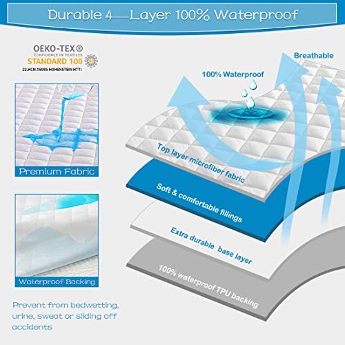 Queen Size Quilted Fitted Mattress Pad, 100% Waterproof Breathable Mattress Protector, Noiseless Hollow Cotton Mattress Topper, Fitted 8"-26" Deep, Dust Proof