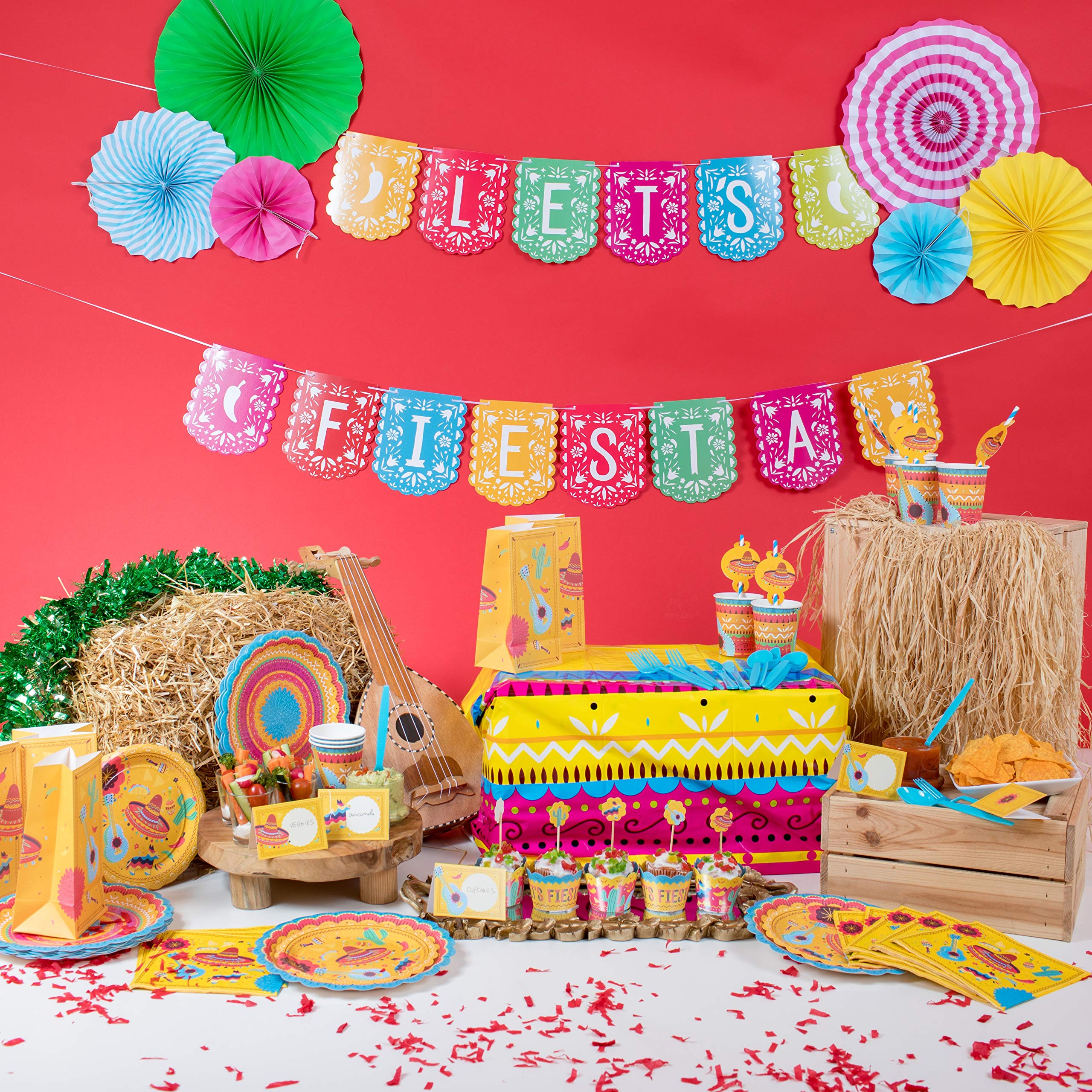 Mexican Fiesta Paper Plates Serves 16 Guests - Includes 16 Large Dinner Plates, 16 Dessert Plates, 16 Cups, and 16 Napkins | Perfect for Birthday, Taco Party, Cinco de Mayo and More