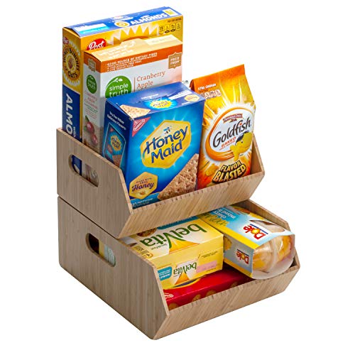 MobileVision XL Bamboo Storage Bins for Pantry & Kitchen Cabinet Organizer Multi-Purpose 2 PC Stackable Set Larger Bins for Potatoes Onions Packaged Goods & More