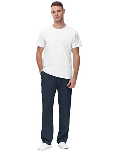 Poriff Mens Relaxed Fit Pants Elastic Waist Cotton Linen Drawstring Pants Navy Blue L