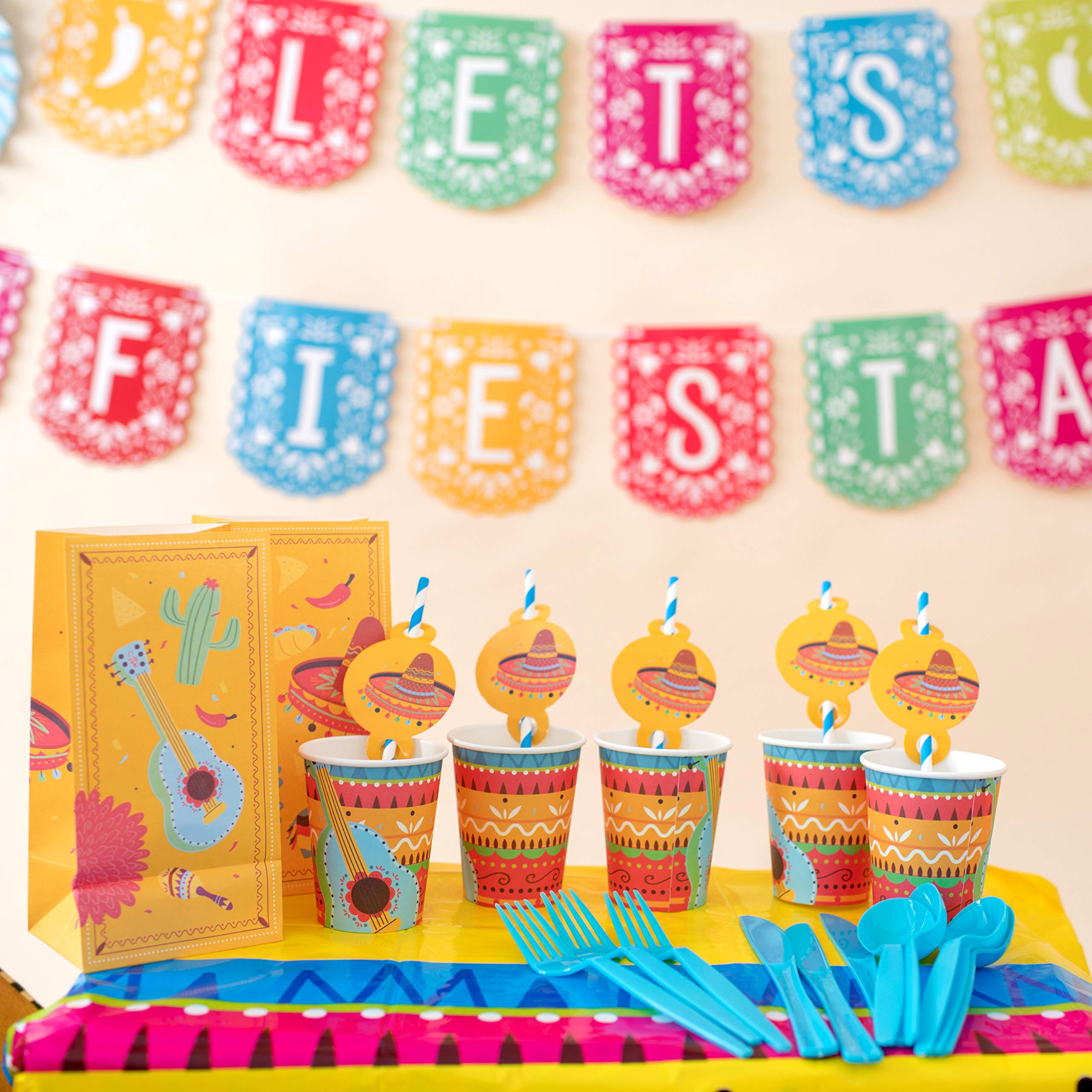 Mexican Fiesta Paper Plates Serves 16 Guests - Includes 16 Large Dinner Plates, 16 Dessert Plates, 16 Cups, and 16 Napkins | Perfect for Birthday, Taco Party, Cinco de Mayo and More