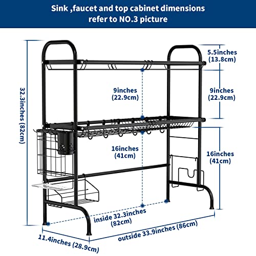 MOUKABAL Over The Sink Dish Drying Rack, Over Sink Dish Drying Rack with 2 Tier Utensil Holder,Large Stainless Steel Dish Racks for Kitchen Counter(2 Tier Black)
