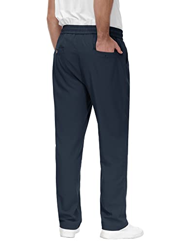 Poriff Mens Relaxed Fit Pants Elastic Waist Cotton Linen Drawstring Pants Navy Blue L