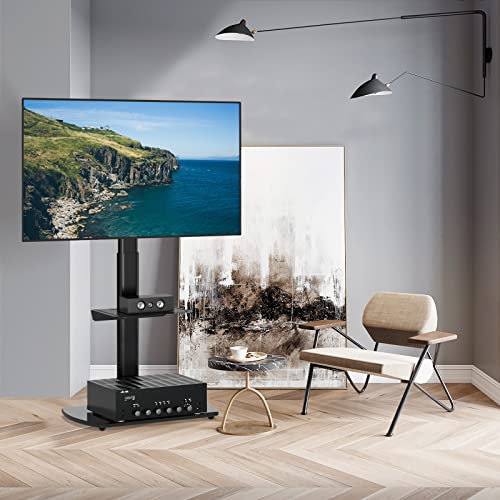TVON Universal Floor TV Stand with Swivel Mount for 32-65 Inch TVs, TV Mount Stand for Bedroom and Corner with Height Adjustable Shelf and Tempered Glass Base, Black