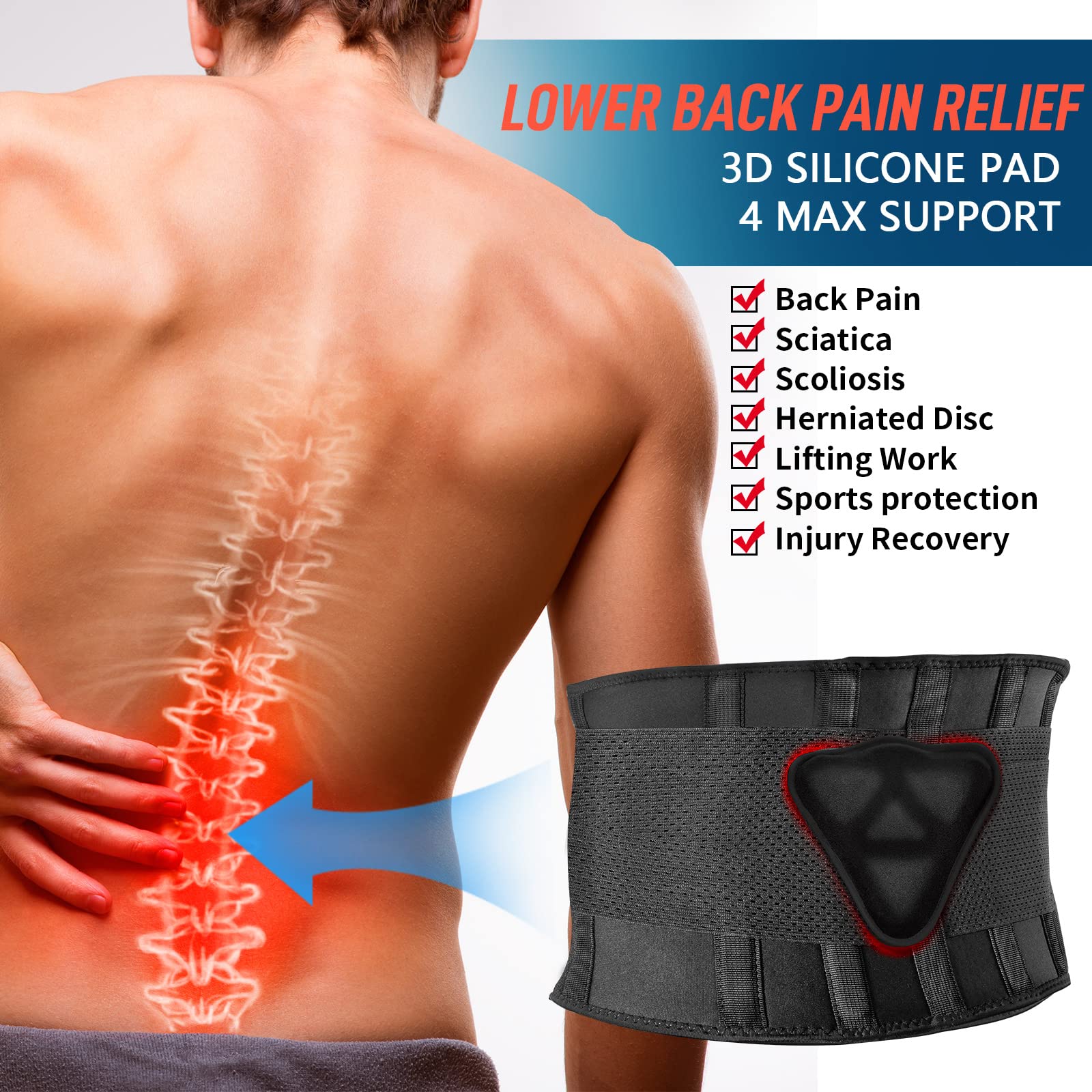 FEATOL Back Brace for Lower Back Pain Relief,Heavy Work Lifting, Sciatica, Herniated Disc with Ergonomically 3D Silicone Pad Men & Women L/XL