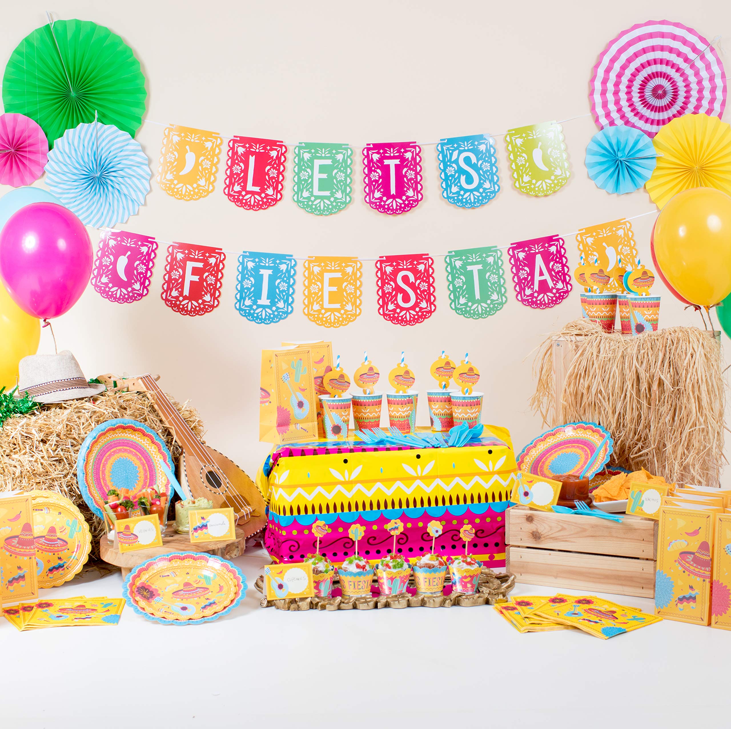 Mexican Fiesta Paper Plates Serves 16 Guests - Includes 16 Large Dinner Plates, 16 Dessert Plates, 16 Cups, and 16 Napkins | Perfect for Birthday, Taco Party, Cinco de Mayo and More