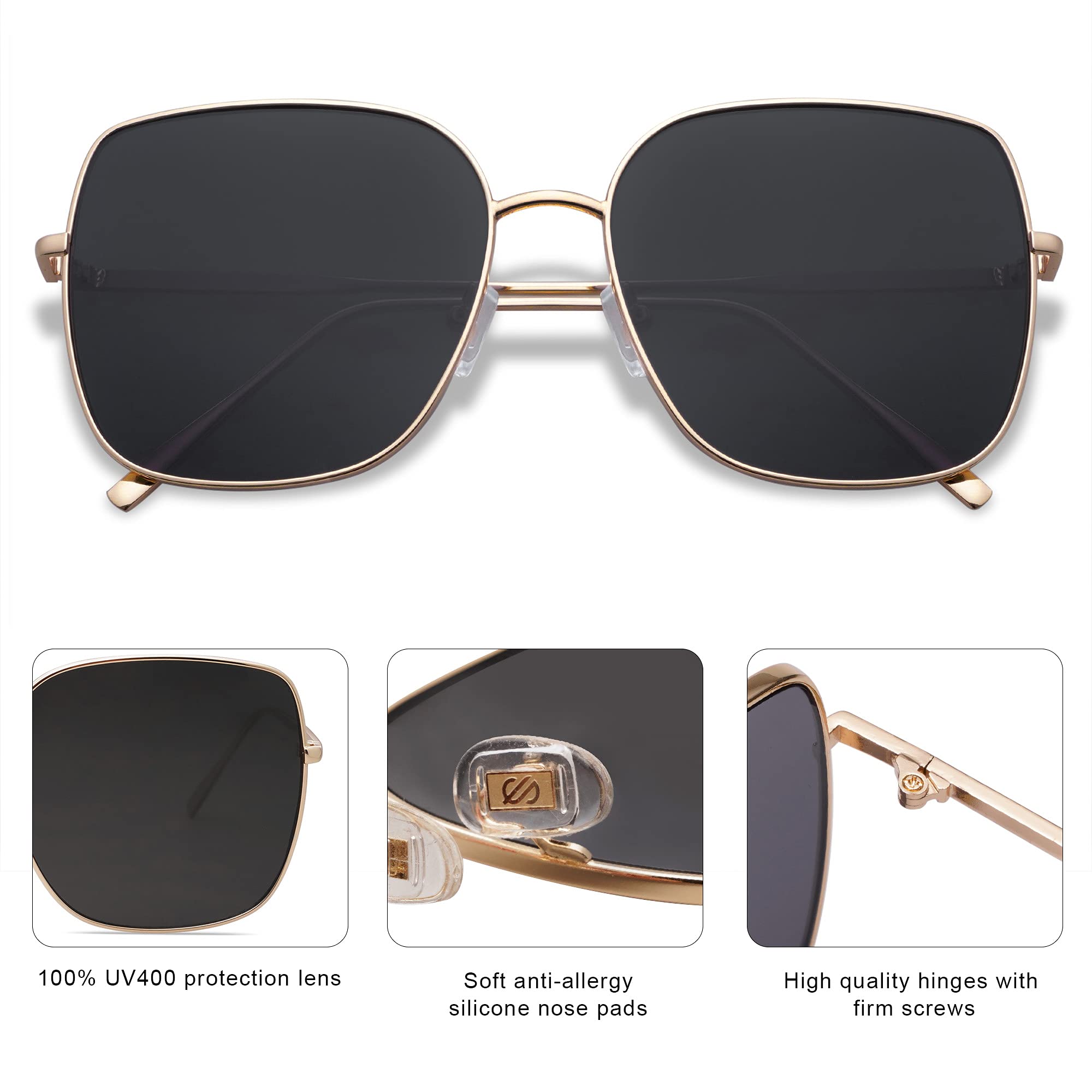 SOJOS Trendy Oversized Square Metal Frame Sunglasses for Women Men Retro Big Flat Lens UV Protection Sunglasses SJ1146, Gold Frame/Grey Lens