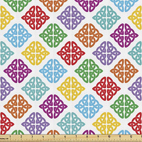 Lunarable Celtic Knot Fabric by The Yard, Colorful Antique European Ornate Design Mythological with Curved Lines, Decorative Fabric for Upholstery and Home Accents, 1 Yard, Multicolor