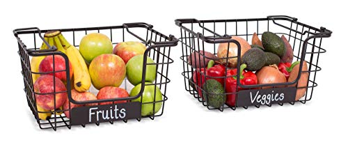 Stacking Wire Market Baskets with Chalk Label - Set of 2 - Fruit Vegetable Produce Metal Storage Bin for Kitchen Counter - Pantry Cabinet - Bathroom Shelves - Metallic Black